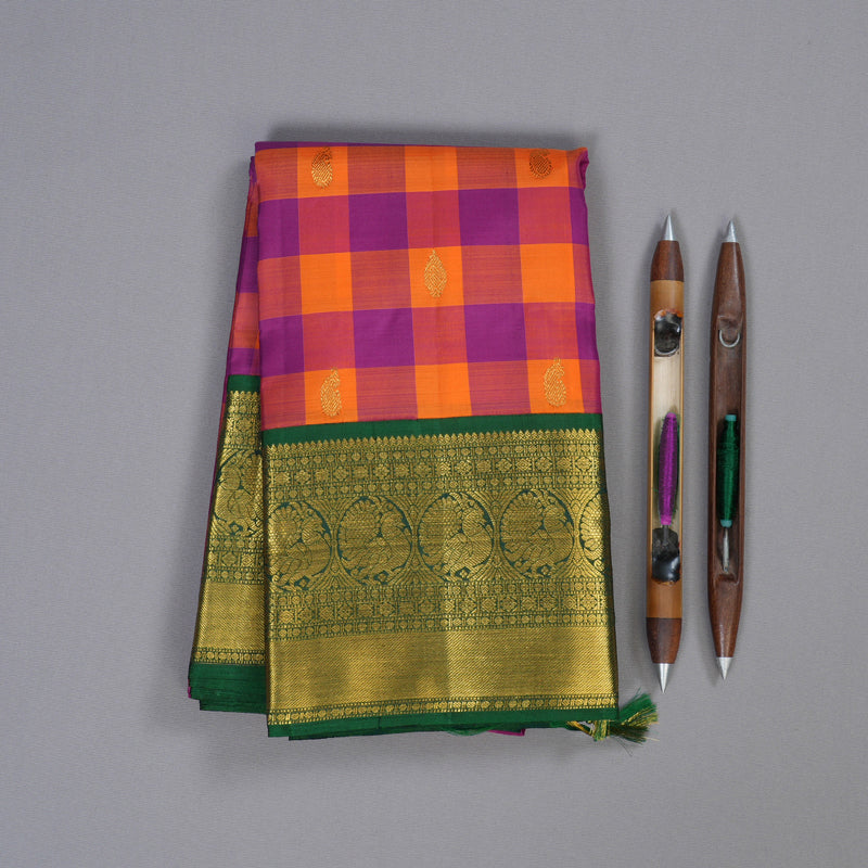Hayagrivas Multi Color Checks Handloom Kanjivaram Silk Saree with Bott – Hayagrivas Silk House