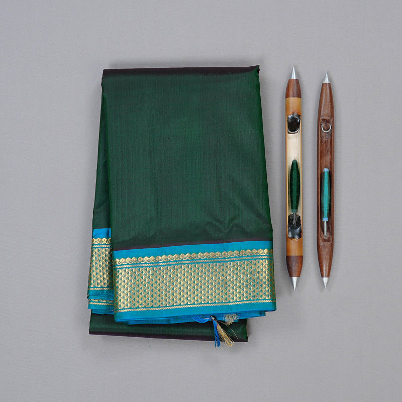 Hayagrivas Bottle Green Handloom Kanjivaram Silk Saree with Sky Blue B ...