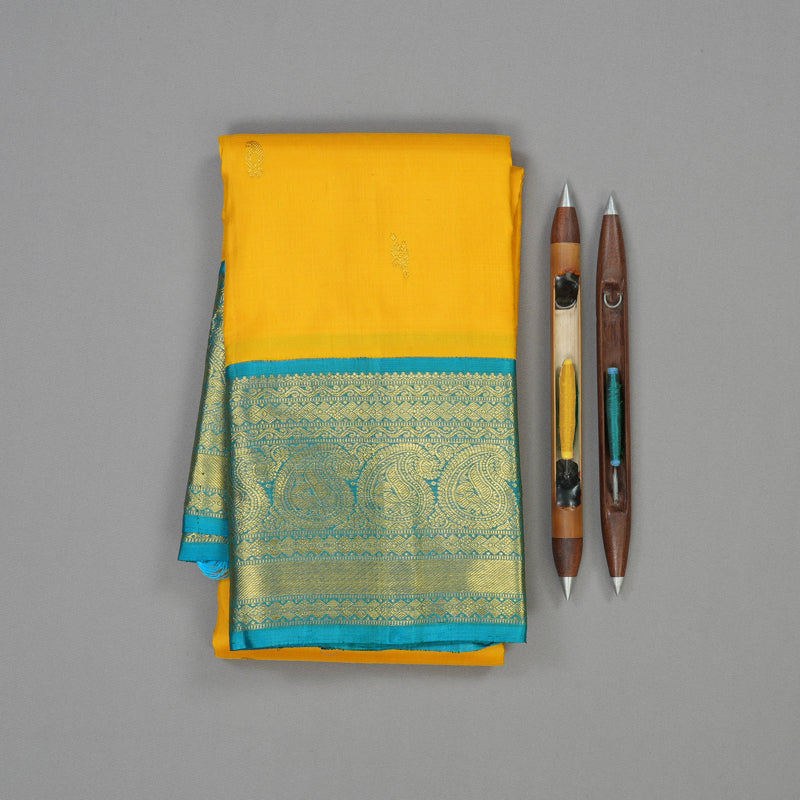 Hayagrivas Handloom Yellow Kanjivaram Silk Saree with Ananda Blue bord ...