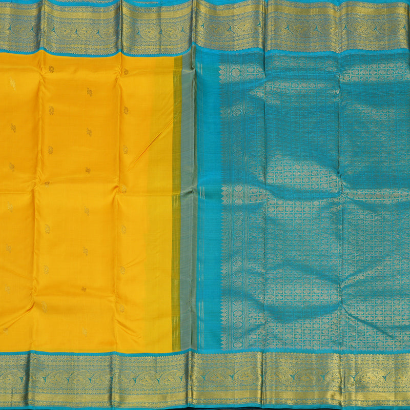 Hayagrivas Handloom Yellow Kanjivaram Silk Saree with Ananda Blue bord ...