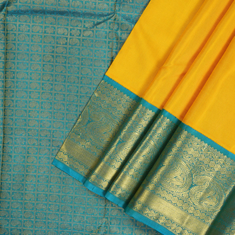 Hayagrivas Handloom Yellow Kanjivaram Silk Saree with Ananda Blue bord ...