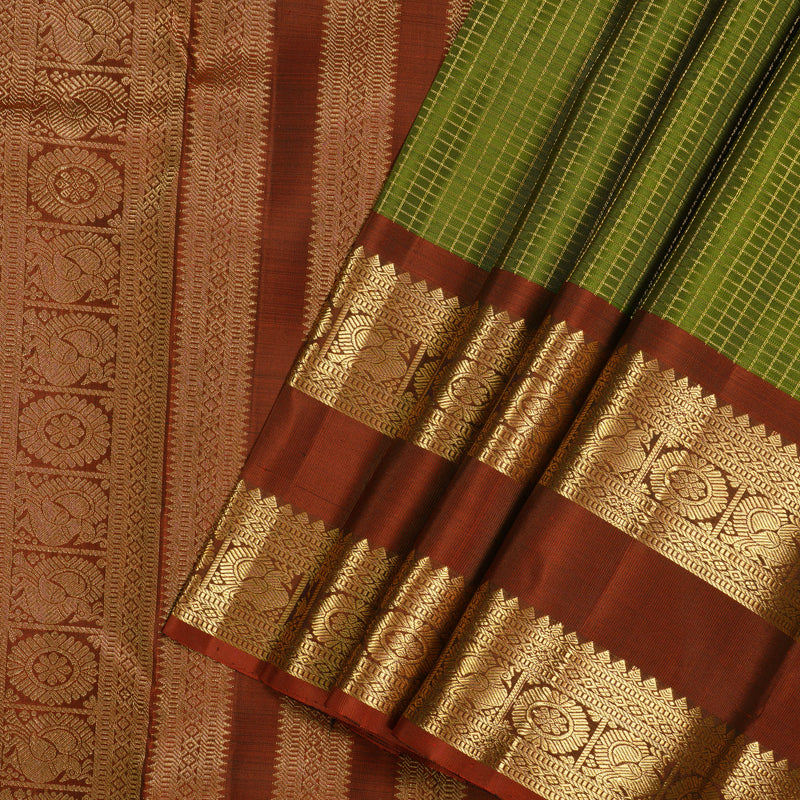 Hayagrivas Handloom Olive Green Kanjivaram Silk Saree with Rust Orange ...